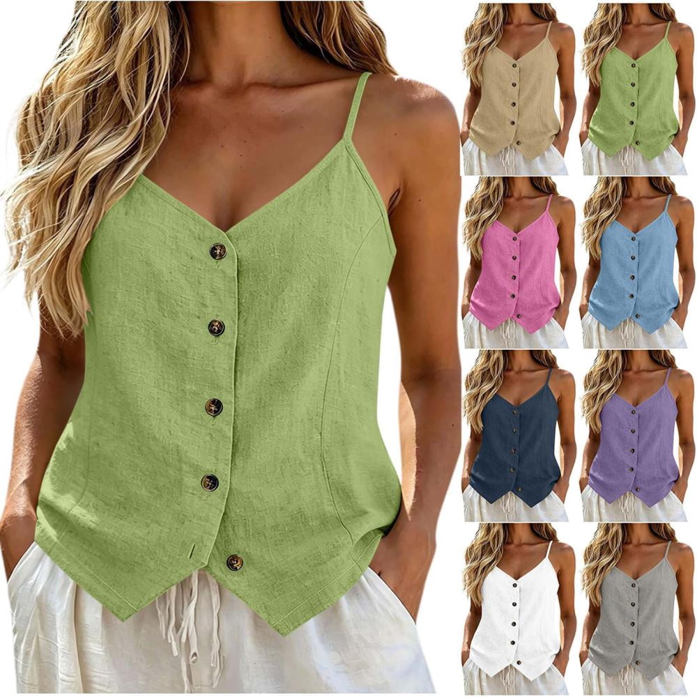 Bxsruta Women' s Sleeveless Button Up Tank Top V-Neck Casual Summer ...