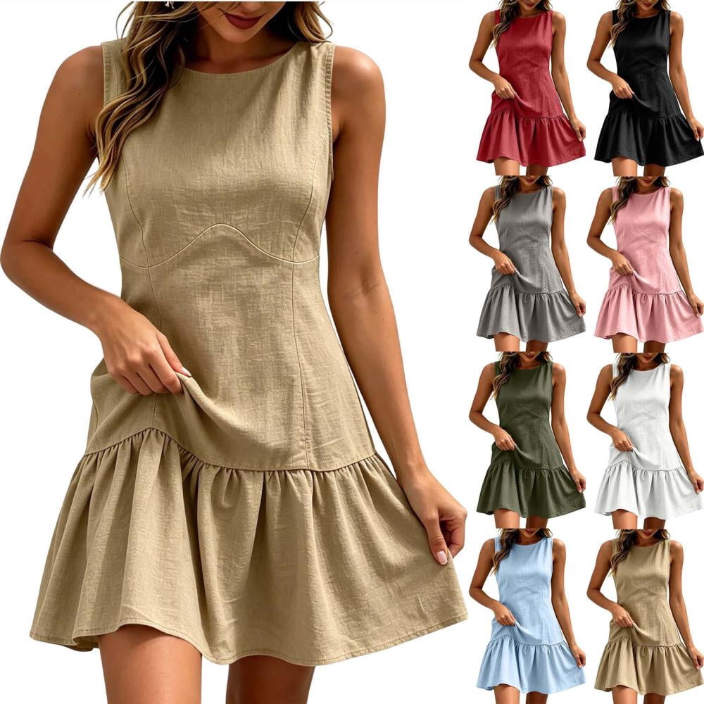 Bxsruta Women's Sleeveless Ruffle Hem Mini Dress Casual Crew Neck a ...