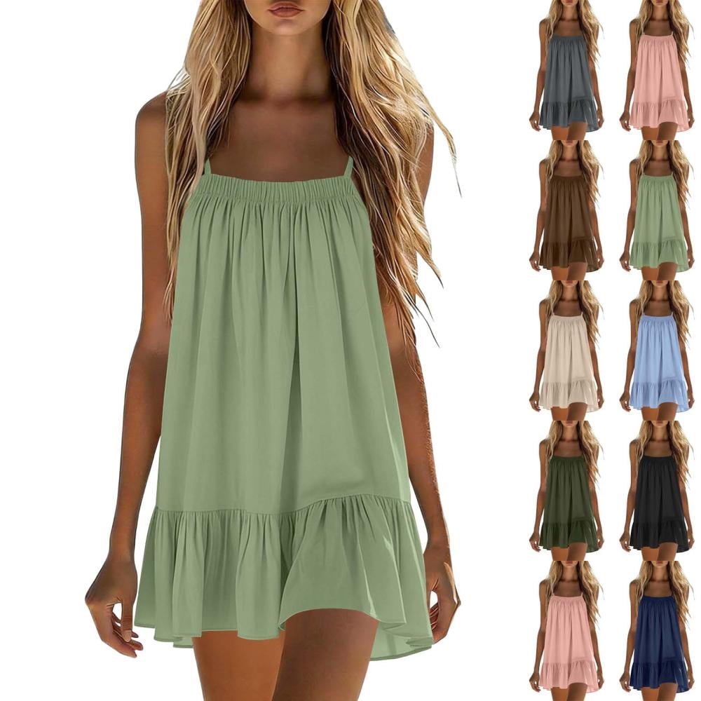 Bxsruta Women's Spaghetti Strap Ruffle Hem Mini Dress Casual Loose ...