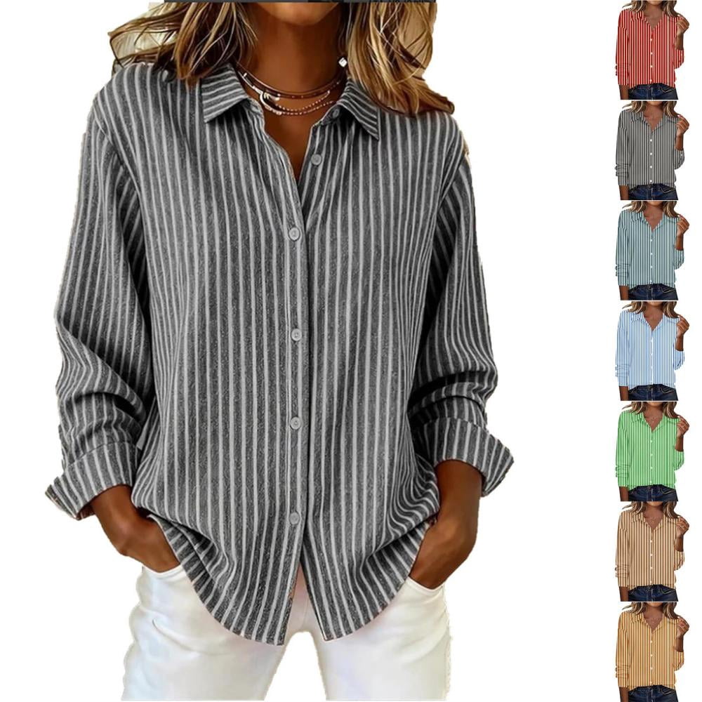 Bxsruta Women's Striped Button Down Blouse Loose Fit V Neck Long Sleeve ...