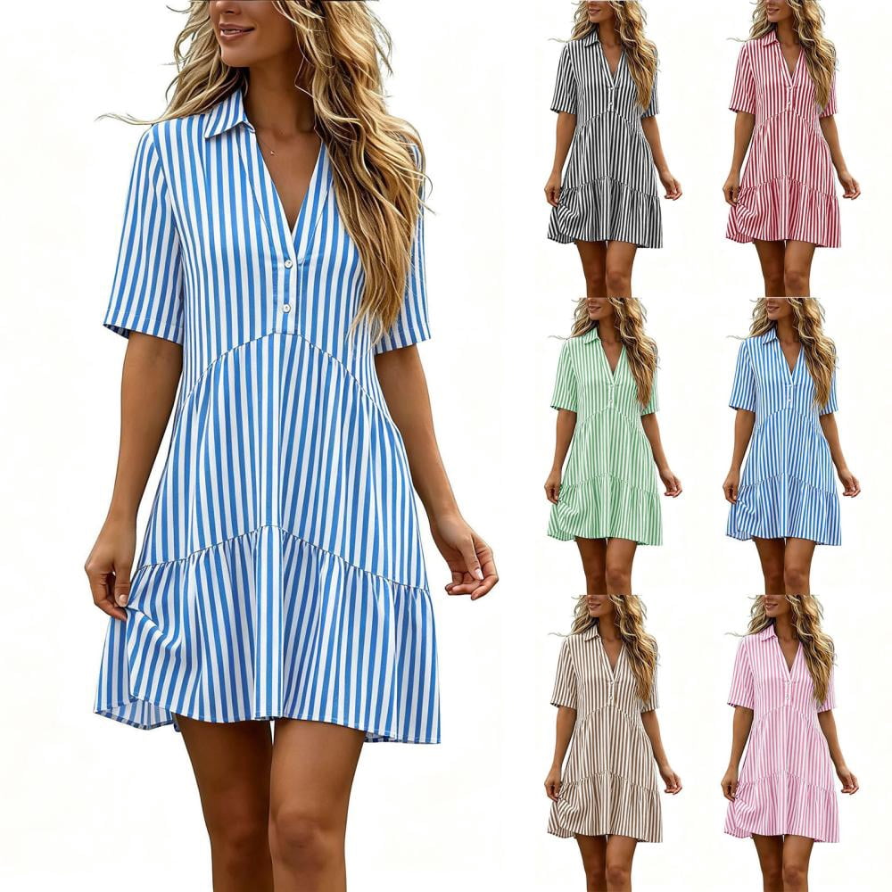 Bxsruta Women's Striped Shirt Dress V Neck Short Sleeve Button Down ...