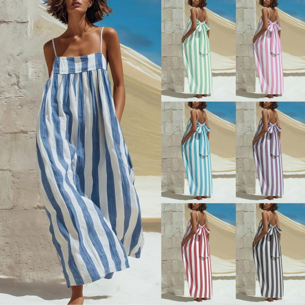 Bxsruta Women's Striped Spaghetti Strap Boat Neck Maxi Dress Casual ...