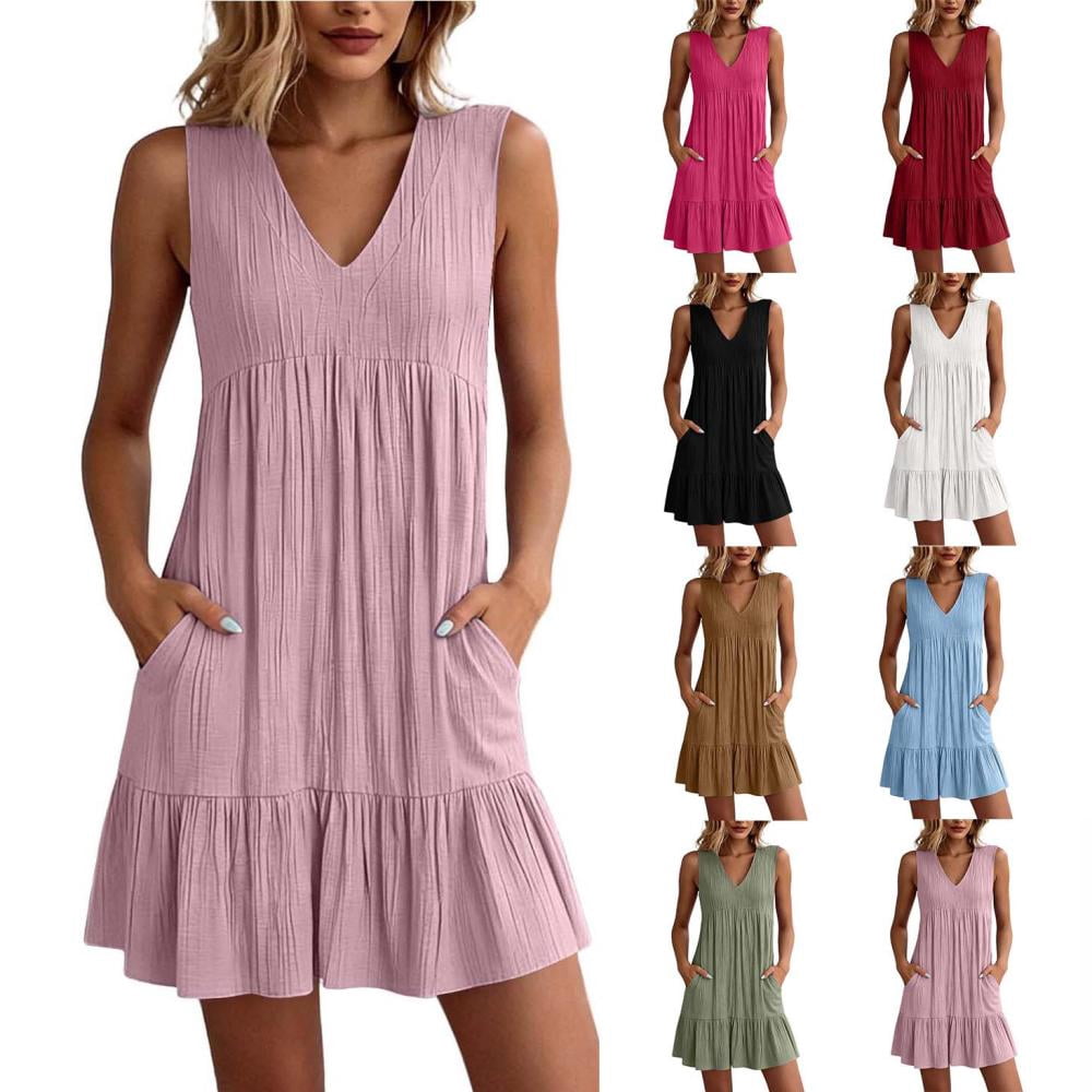 Bxsruta Women's Summer Fashion Solid Casual Sleeveless V Neck Loose Fit ...