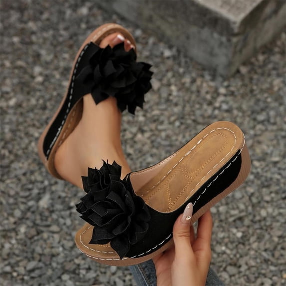 Bxsruta Women's Thick Wedge Heel Mules with 3D Floral Design and ...