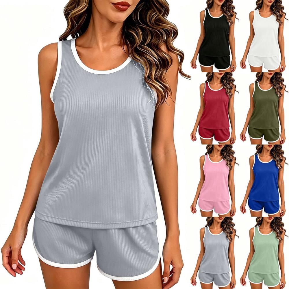 Bxsruta Women's Two Piece Ribbed Lounge Set Sleeveless Tank Top with ...