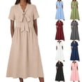 Bxsruta Women's V-Neck Bow Short Sleeve A-Line Midi Dress with Pockets ...