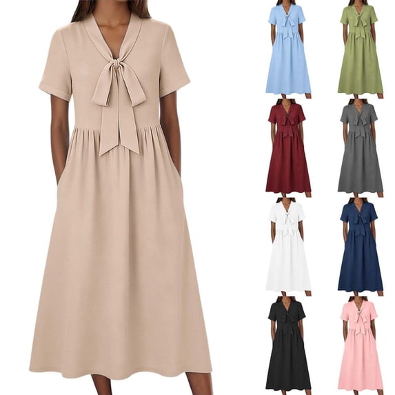 Bxsruta Women's V-Neck Bow Short Sleeve A-Line Midi Dress with Pockets ...