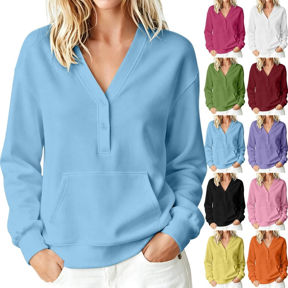 Bxsruta Women's V Neck Button Front Pullover Sweatshirt with Pocket ...