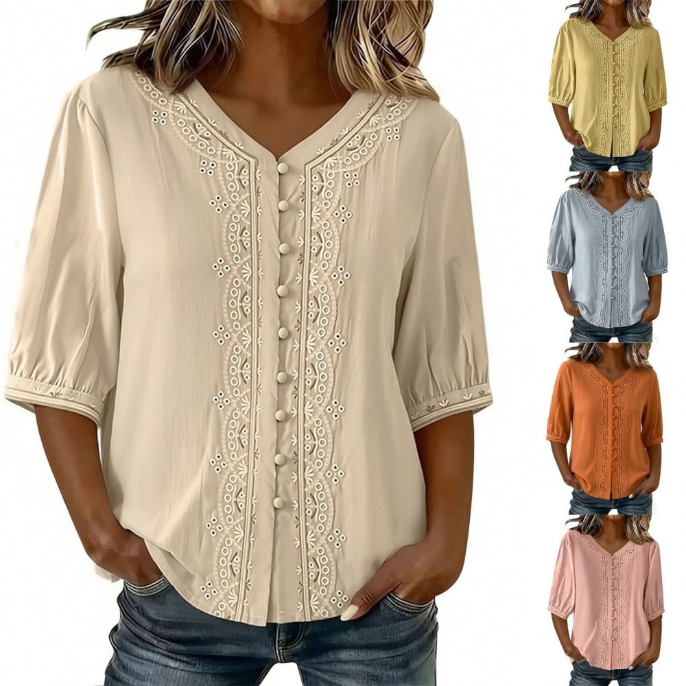 Bxsruta Women's V Neck Embroidered Blouse Casual Loose Fit Button Down ...