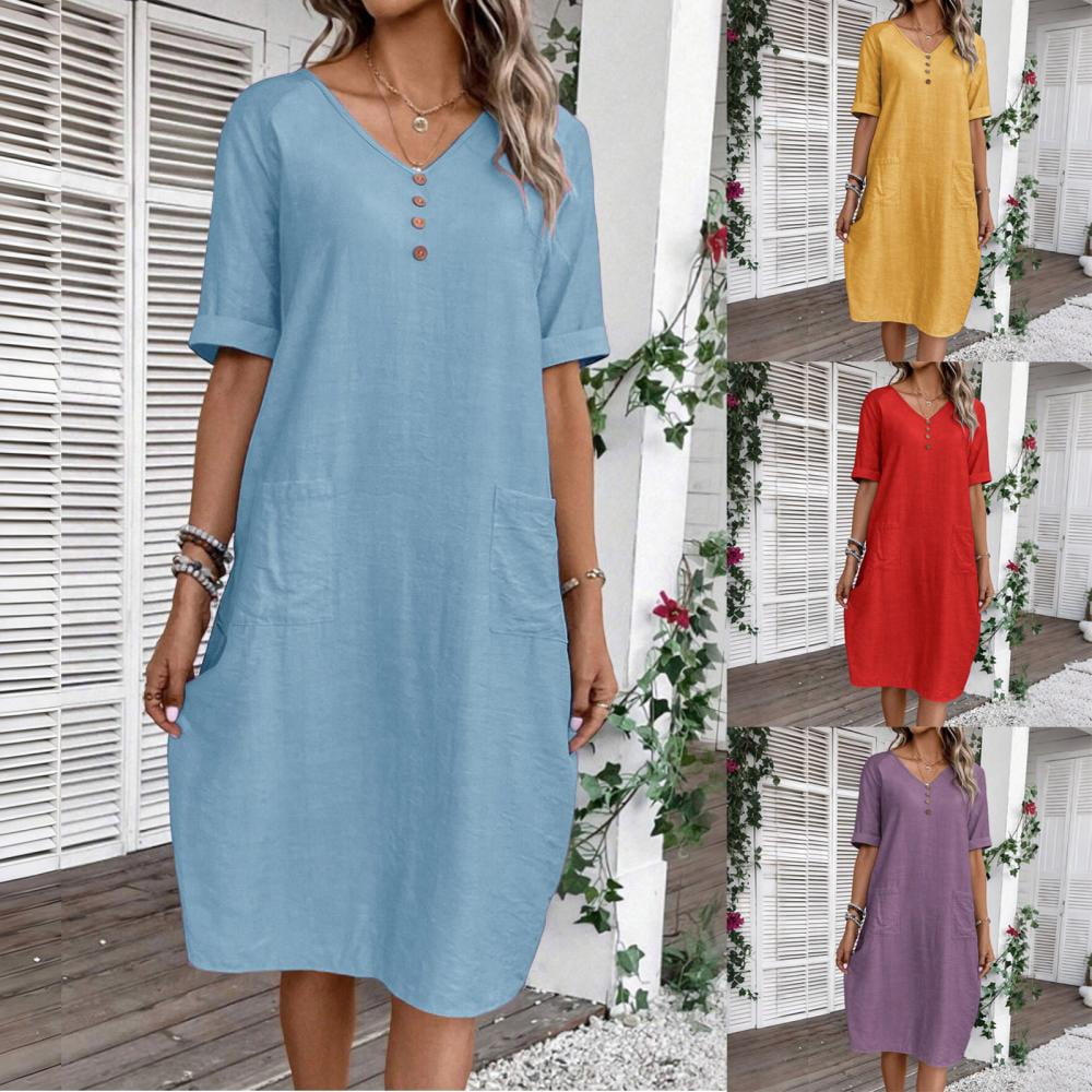 Bxsruta Women's V-Neck Short Sleeve Mini Dress with Pockets Casual ...