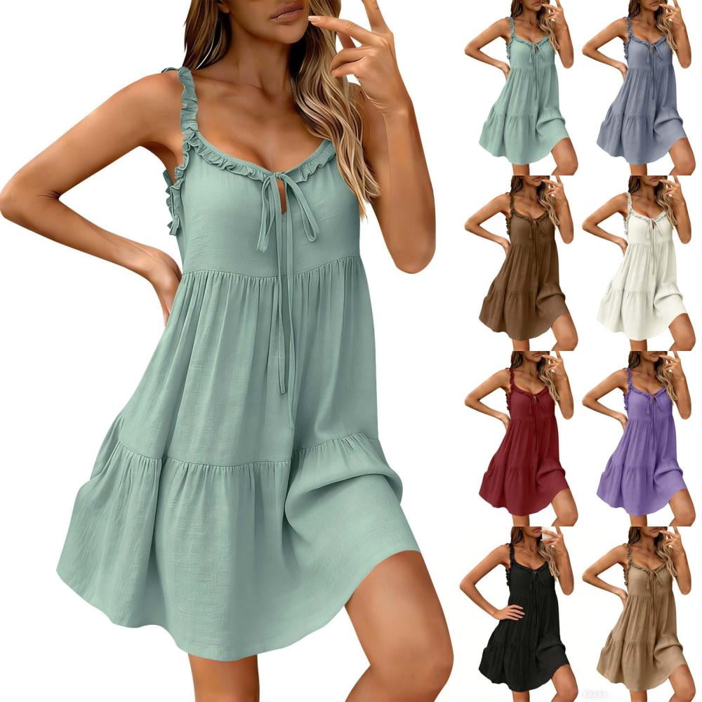 Bxsruta Women’s V-Neck Sleeveless Spaghetti Strap Tiered Mini Dress ...