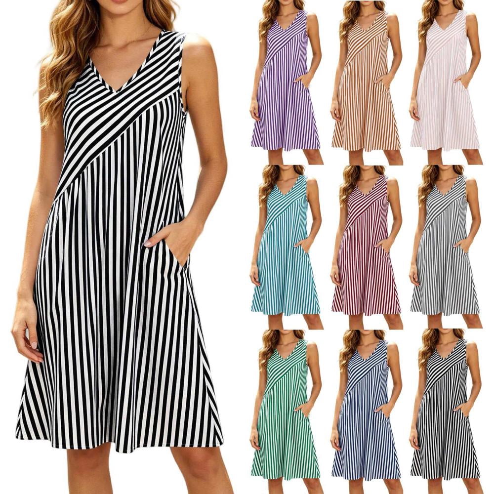 Bxsruta Women's V Neck Sleeveless Striped Midi Dress Casual A Line Tank ...