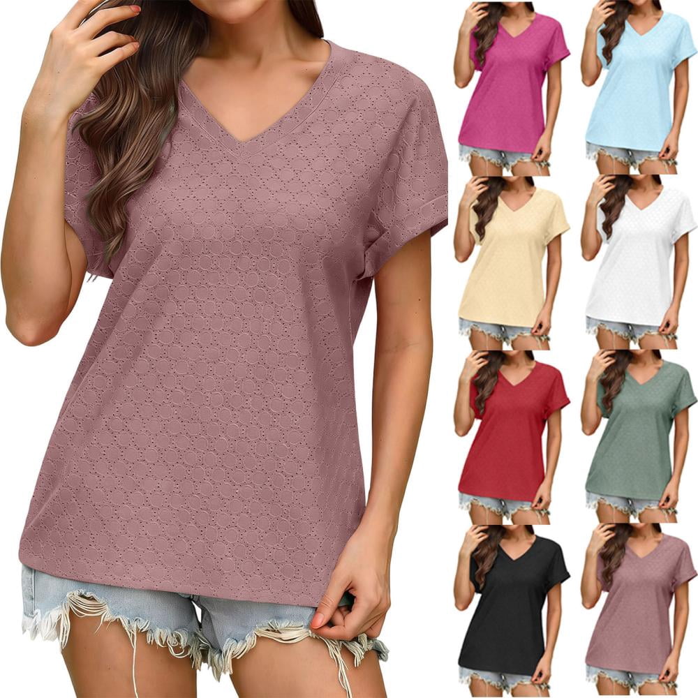 Bxsruta Women's V-Neck T-Shirt with Water-Soluble Flower Design ...