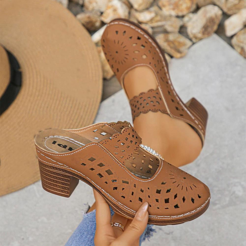 Bxsruta Women's Ventilated Cutout Block Heel Clogs with Faux-Leather ...