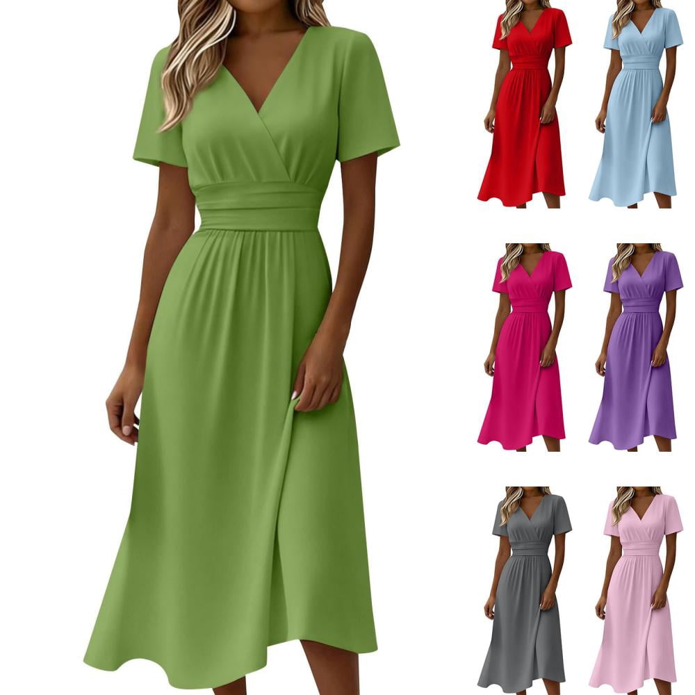 Bxsruta Women's Wrap V Neck Short Sleeve Midi Dress A Line Flowy Waist ...