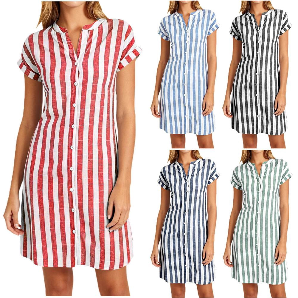 Bxsruta Womens Casual Short Sleeve Button Down Shirt Dress V Neck Mini ...