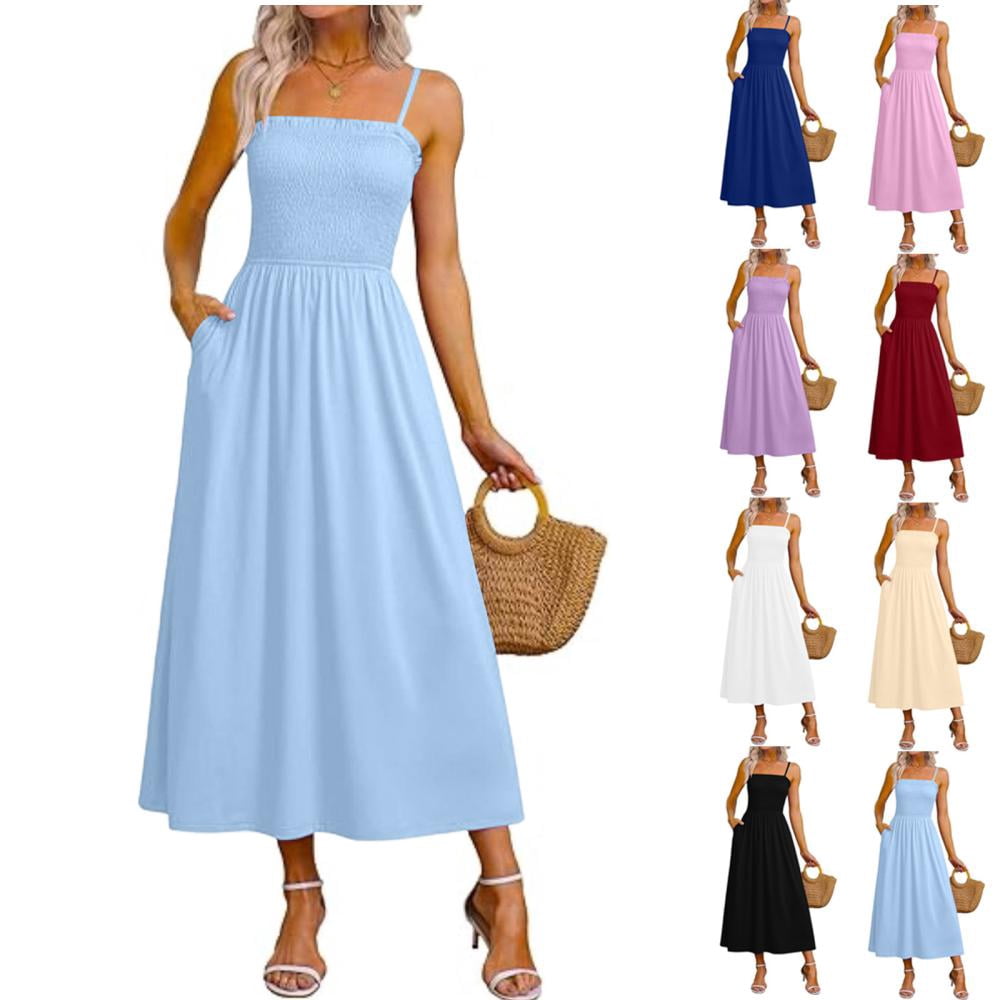 Bxsruta Womens Spaghetti Strap Smocked Midi Dress Casual A Line Flowy ...