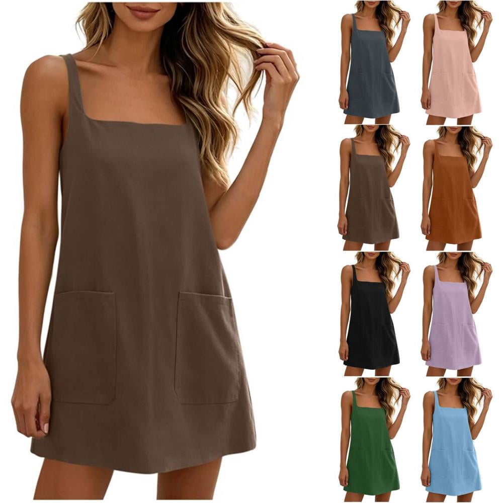 Bxsruta Womens Square Neck Sleeveless Casual Mini Dress Loose Fit Tank ...