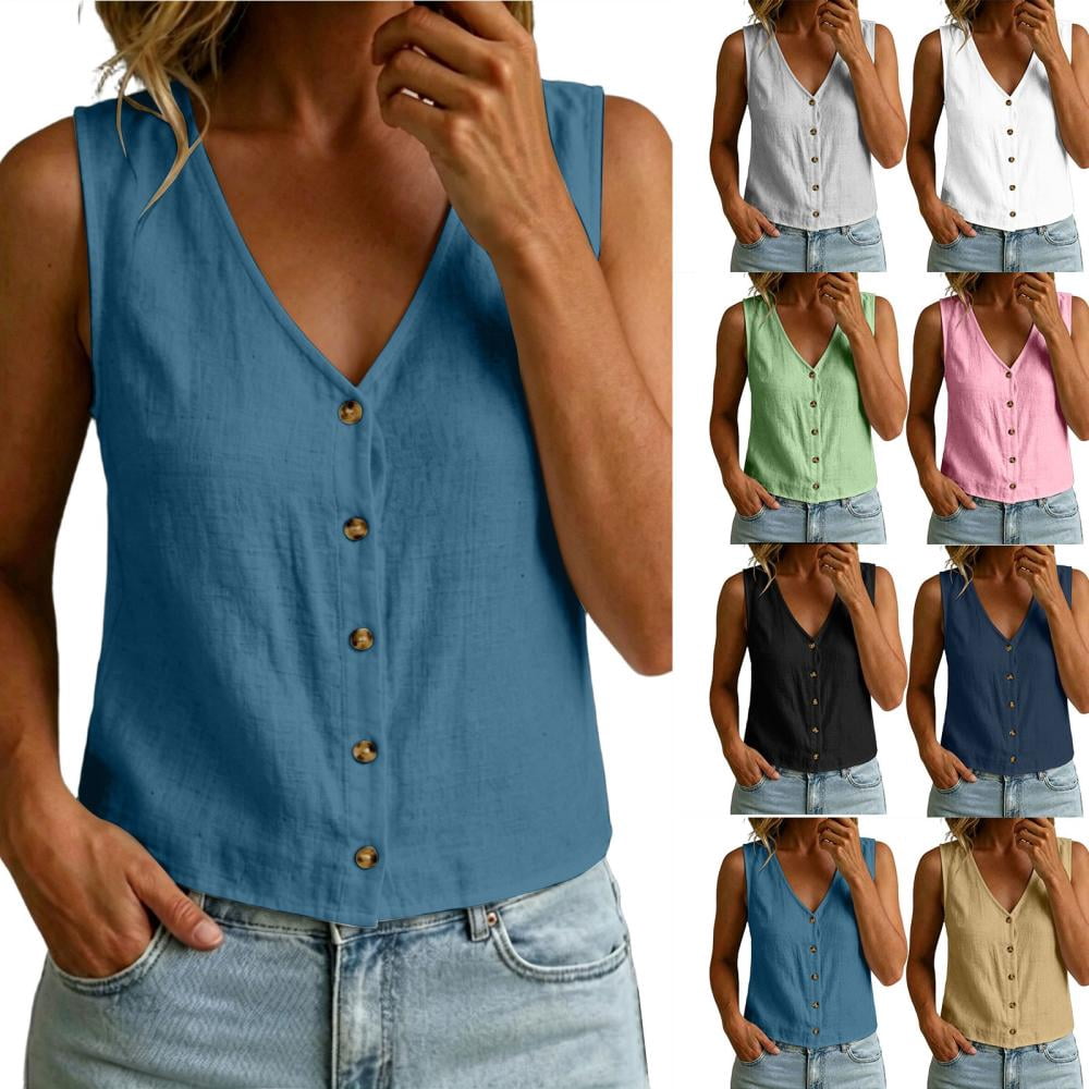 Bxsruta Womens V-Neck Button Front Sleeveless Cotton Linen Tank Top for ...