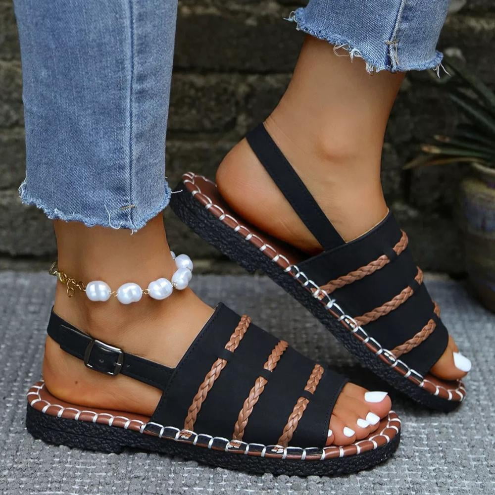 Bxsruta Woven Strap Bohemian Sandals, Adjustable Ankle Closure Flat ...