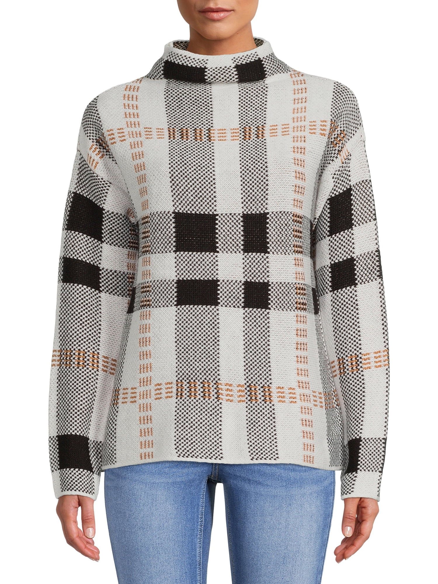 By Design Kylie Funnel Neck Plaid Pullover Sweater - Walmart.com