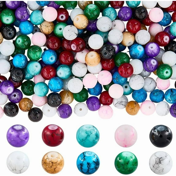 Bybiment 1 Box 300PCS 10 Colors Vein Ink Pattern Beads Opaque Round ...