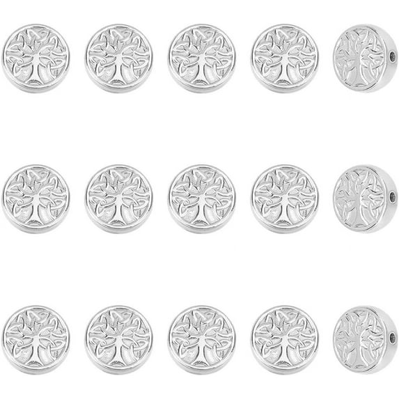 Bybiment 15Pcs Steel Round with Tree of Life Spacer Beads Metal Flat Round with Knot Tree Loose ...