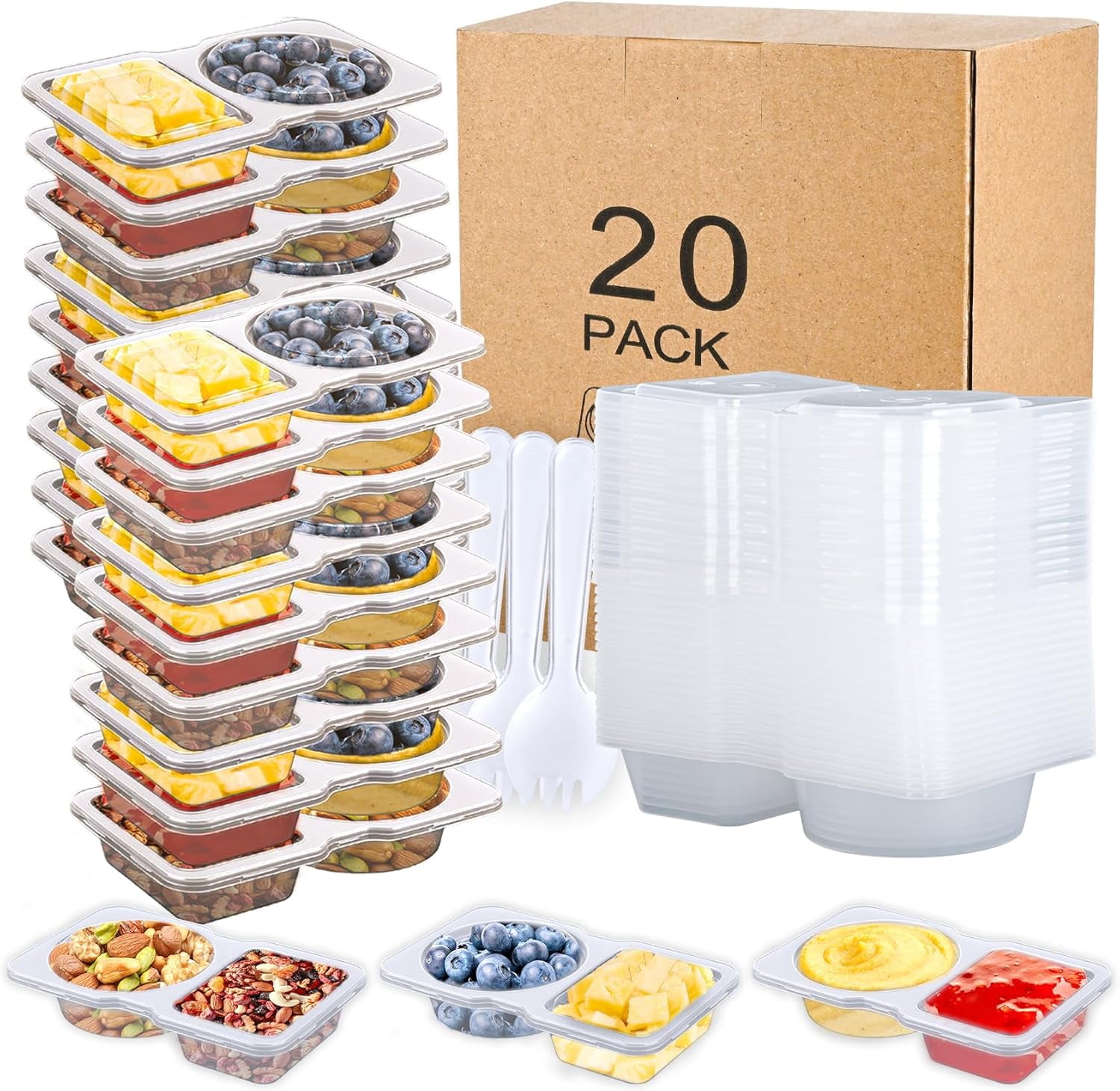 Bybiment 20 Pack Snack Containers with Dual Compartment Condiment Snack ...
