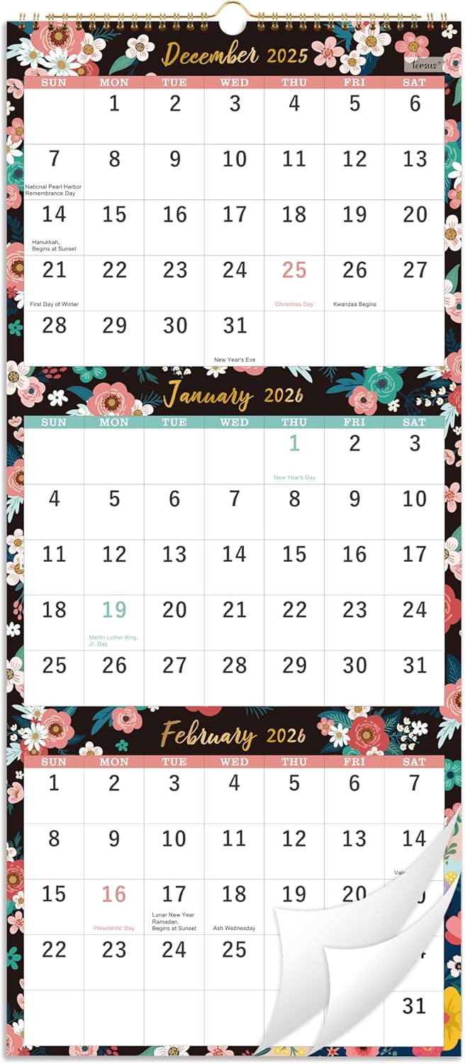 Bybiment 2026 Wall Calendar 3-Month Display Vertical Calendar, 2026 ...