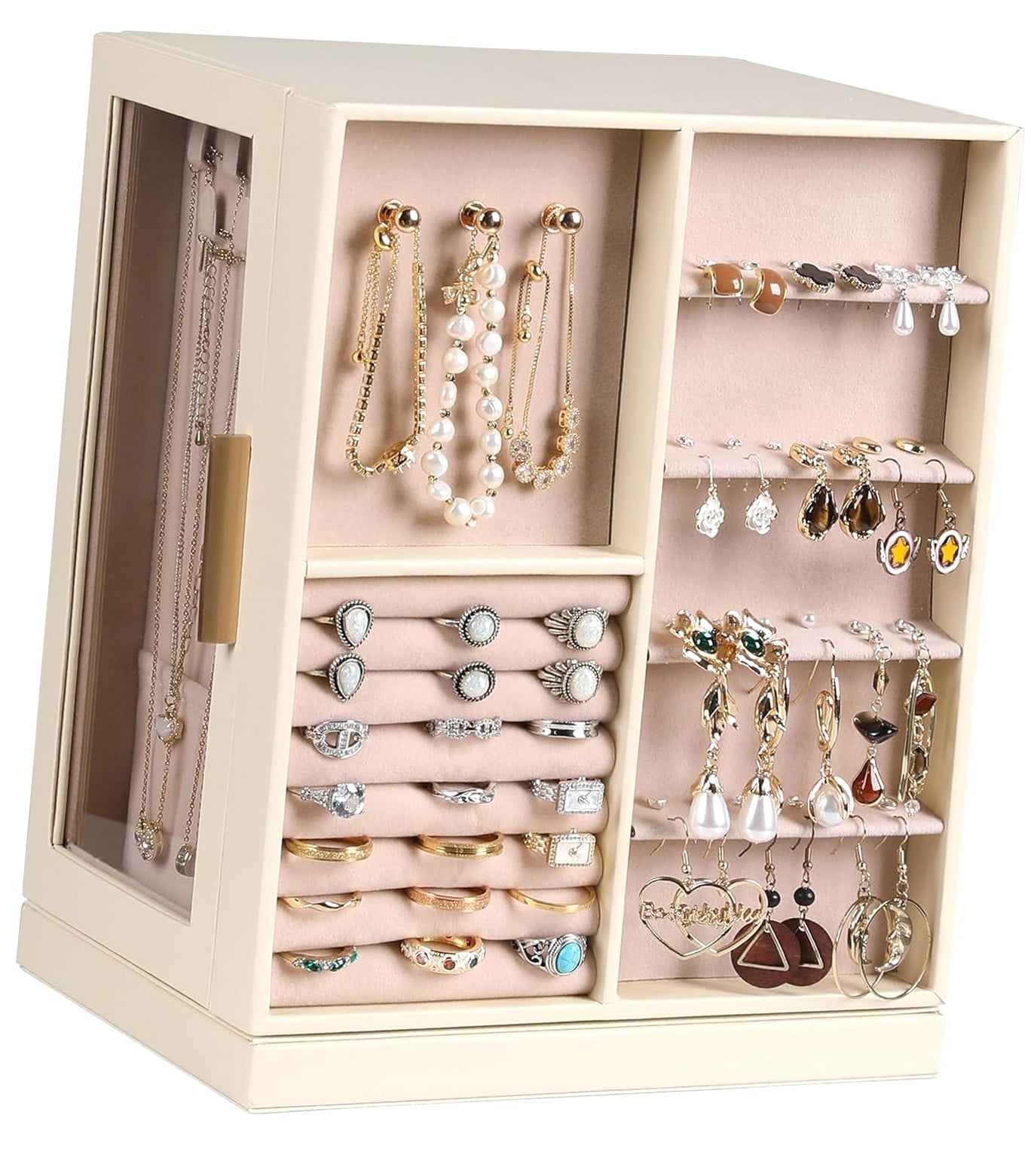 Bybiment 360° Rotating Jewelry Box, PU Jewelry Organizer with 6 Drawers ...