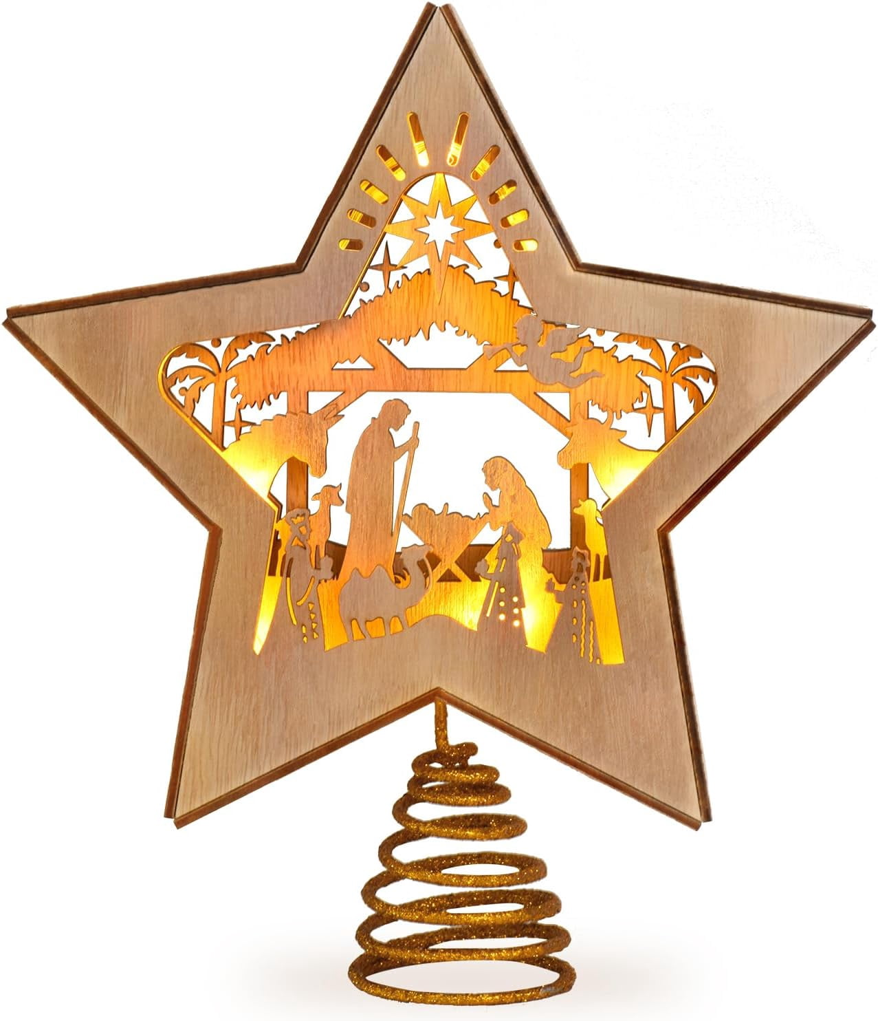 Bybiment 3D Wooden Nativity Christmas Tree Star Topper Illuminated ...