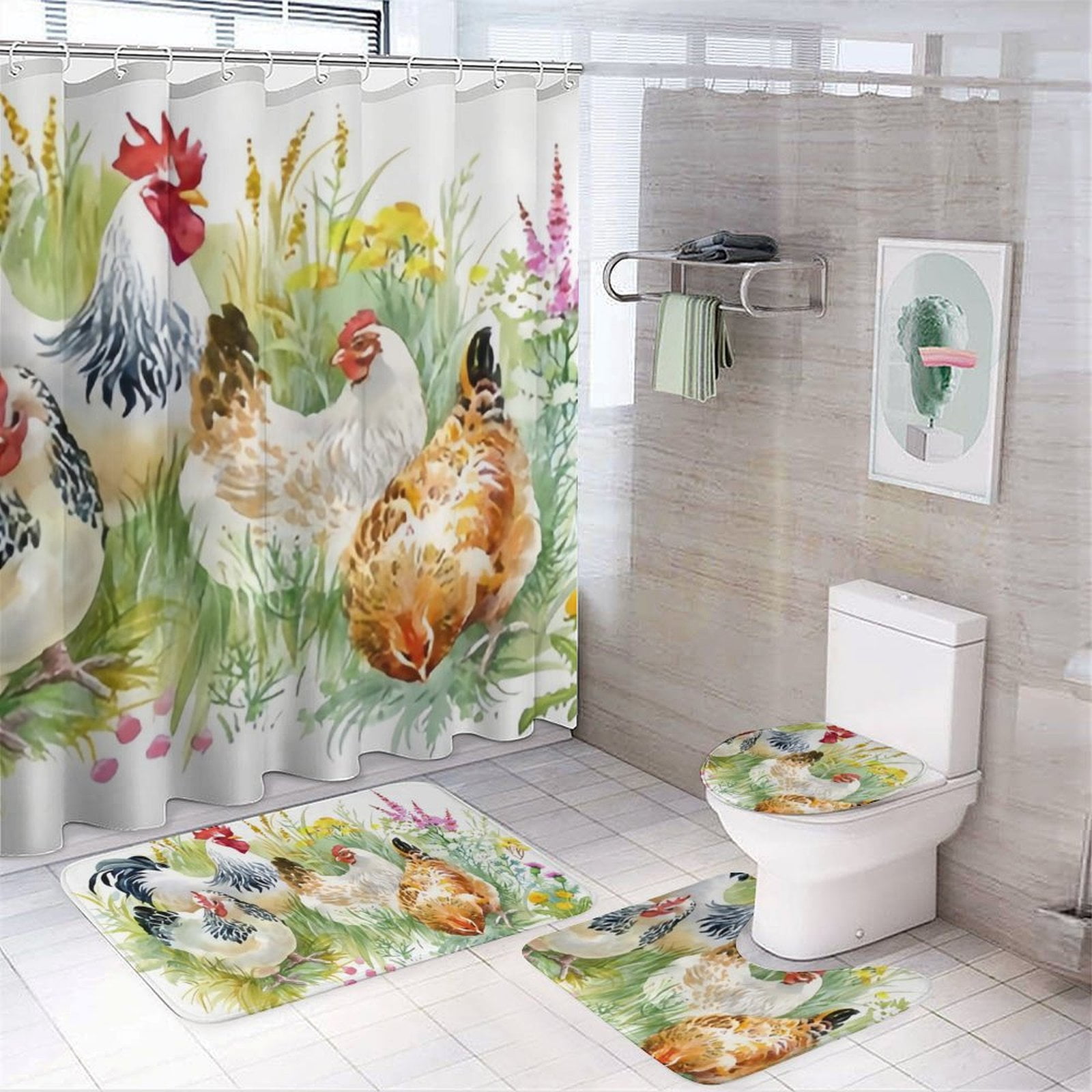 Bybiment 4 PCS Shower Curtain Set with 12 Hooks, Chicken Rooster Grass ...