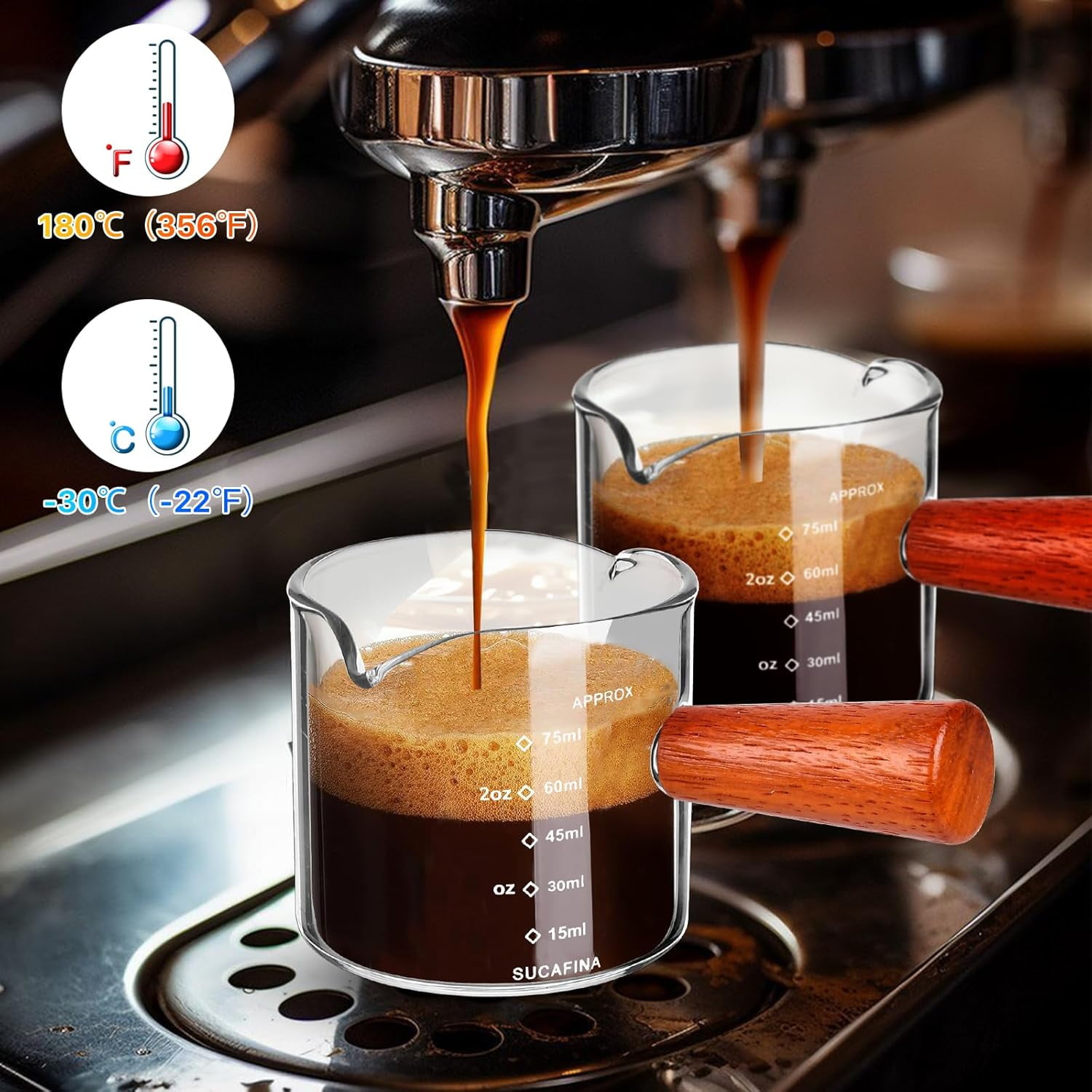 Bybiment 4-Piece Cup Set with Wooden Handle, 75ml Dual-Spout Measuring ...