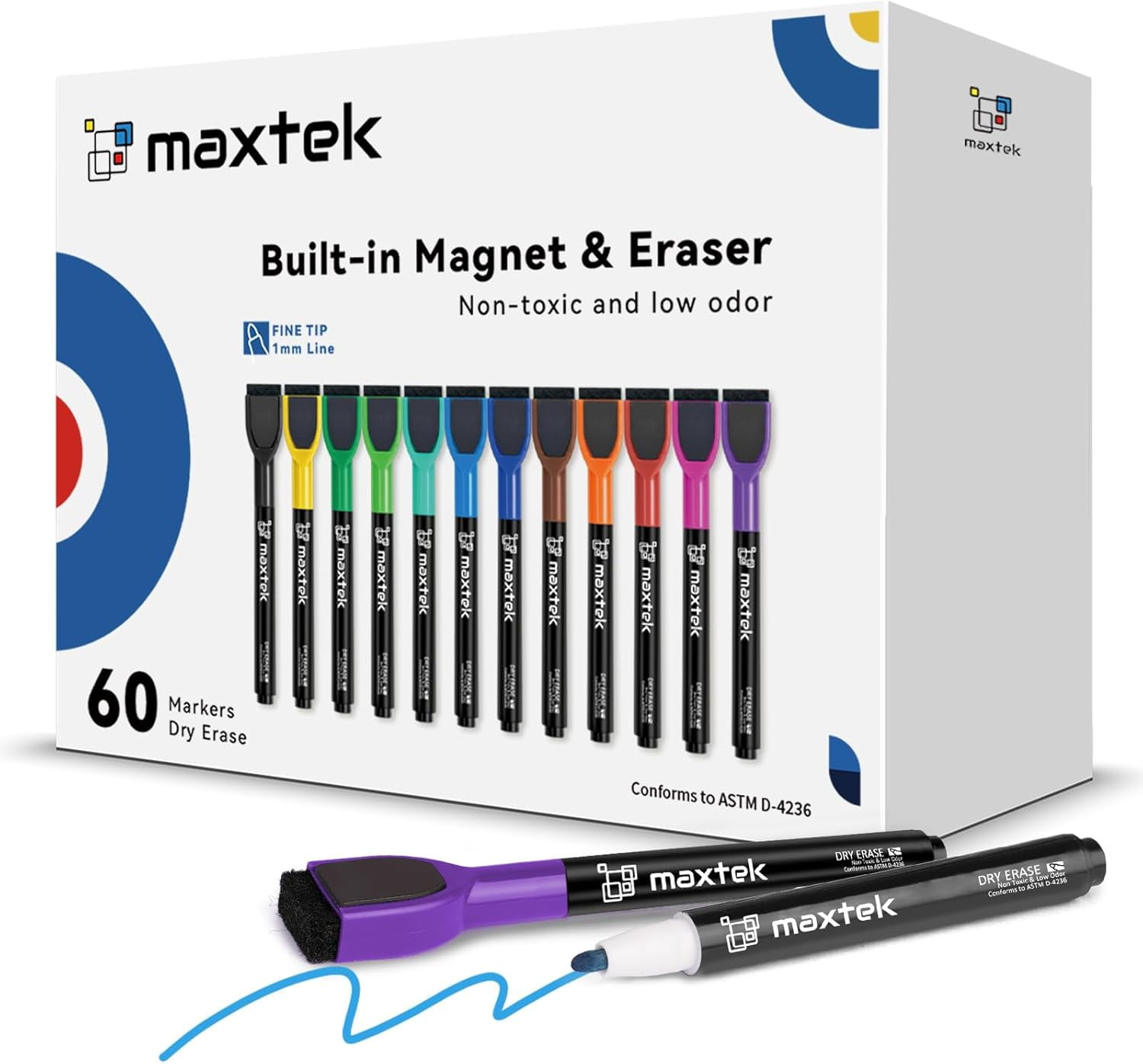 Bybiment 60 Count Markers, Fine Tip, 12 Colors, Low Odor Whiteboard ...