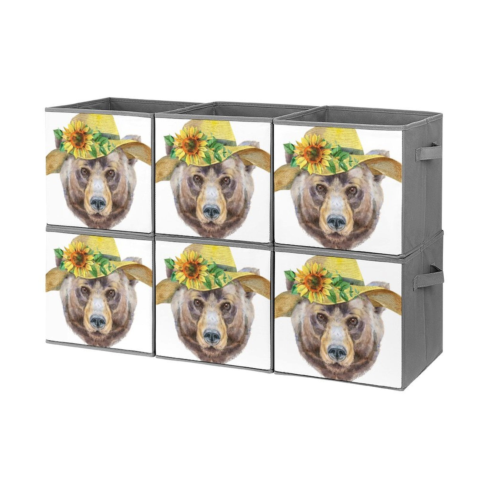 Bybiment 6pcs Fabric Storage Cubes Bear Portrait Summer Hat Watercolor