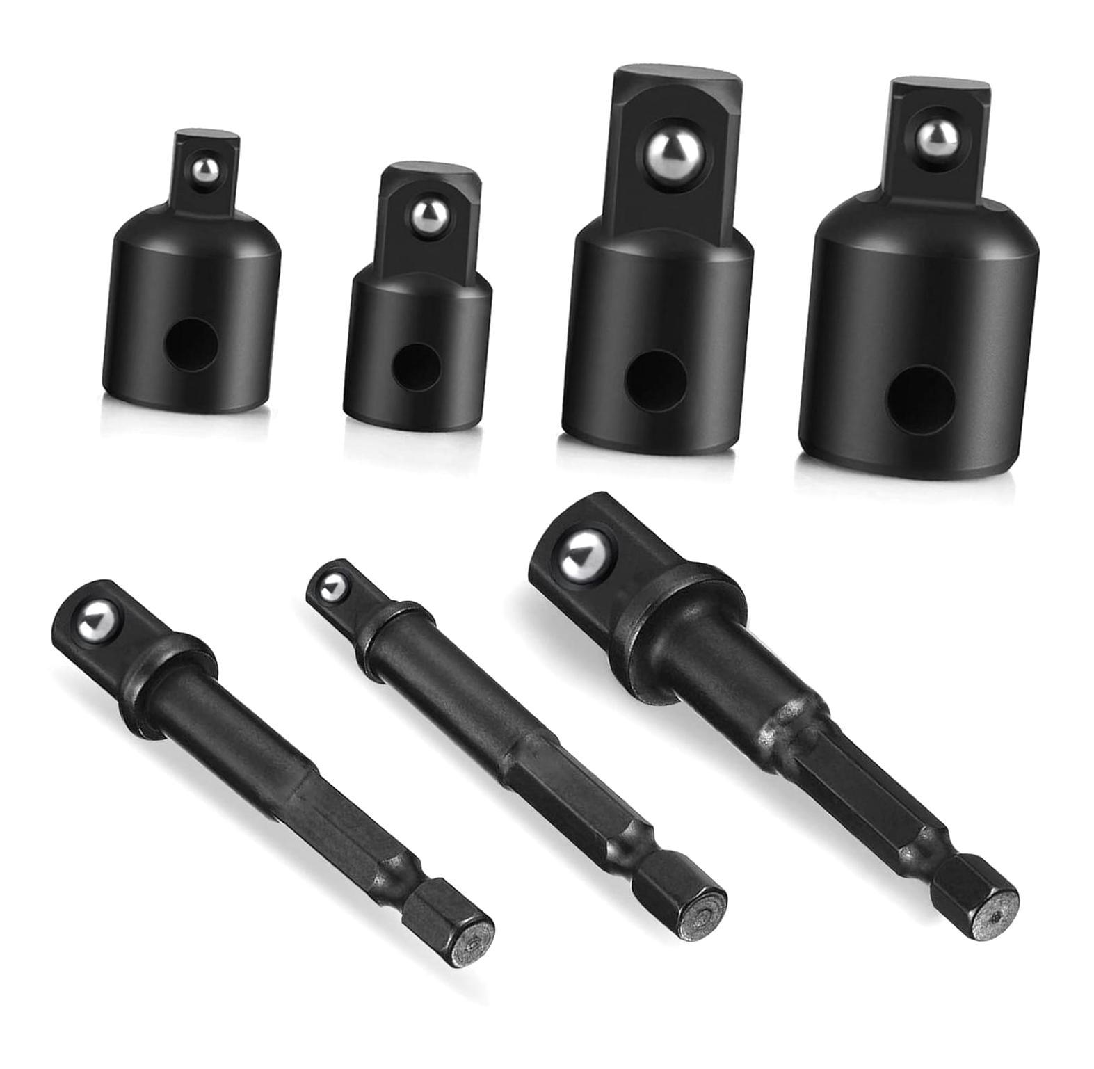 Bybiment 7-Piece Impact Drill Socket Adapter Set, featuring 1/4", 3/8", and 1/2" Hex Shank ...