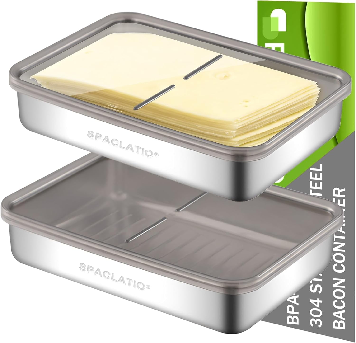 Bybiment Bacon Container for Refrigerator, 1 Pack 304 Steel Airtight ...