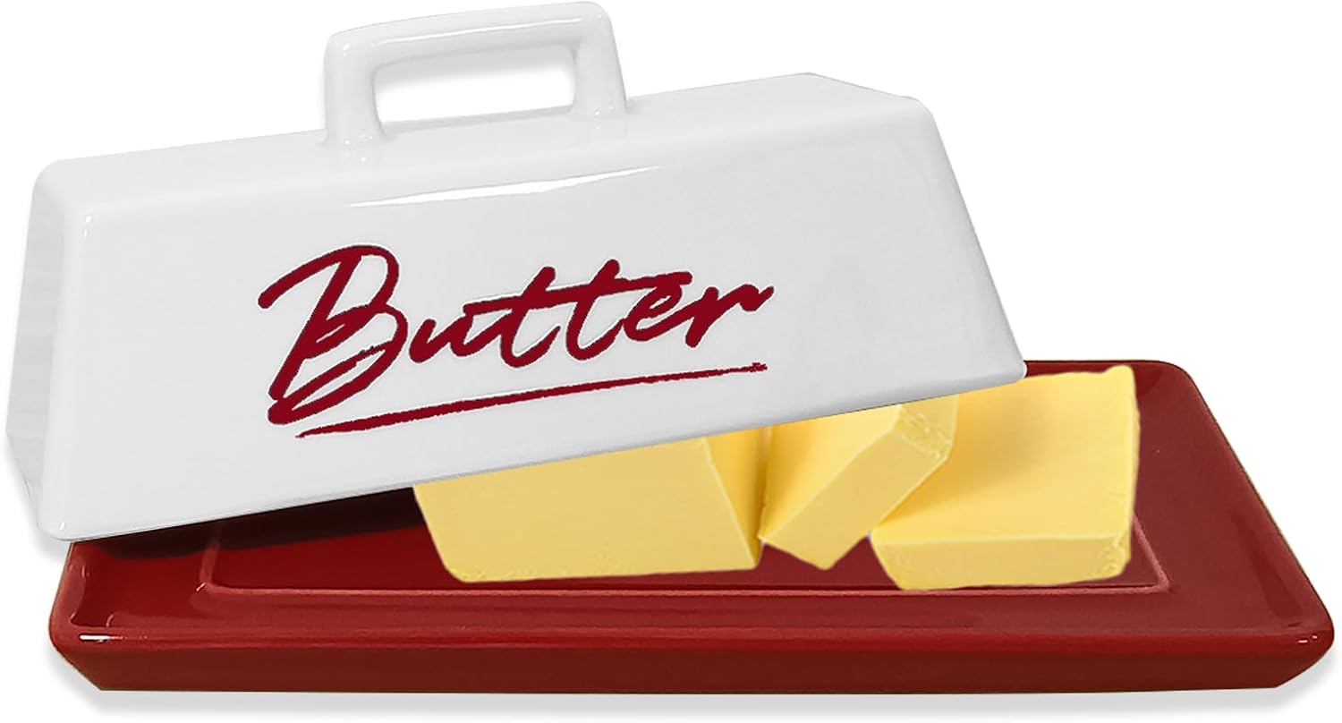 Bybiment Ceramic Butter Dish with Lid, Red Butter Dish with Lid for ...