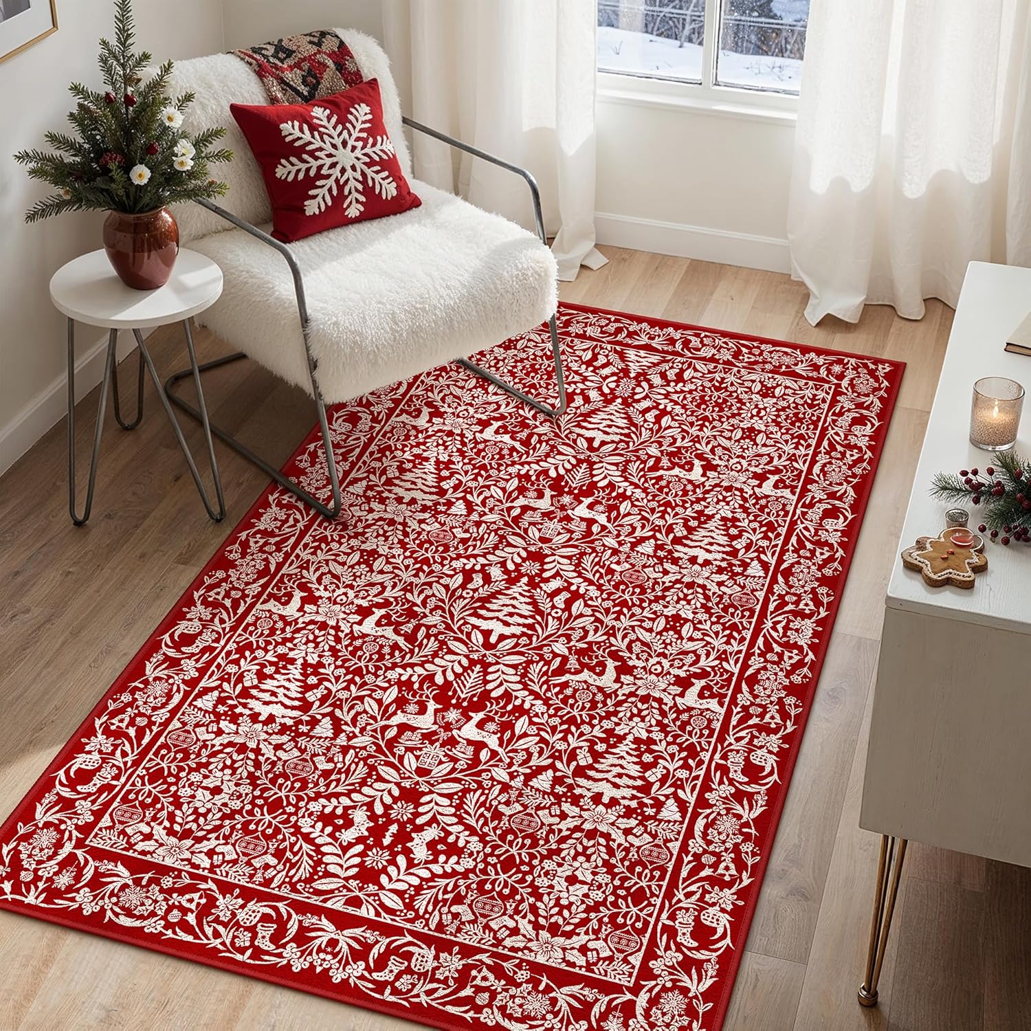 Bybiment Christmas Area Rug 4x6 Red Washable Holiday Area Rug Reindeer ...