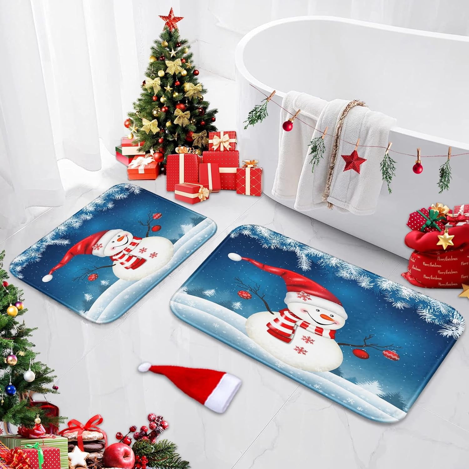 Bybiment Christmas Snowman Bathroom Rug and Mat Set 2 Piece, Snowflakes ...