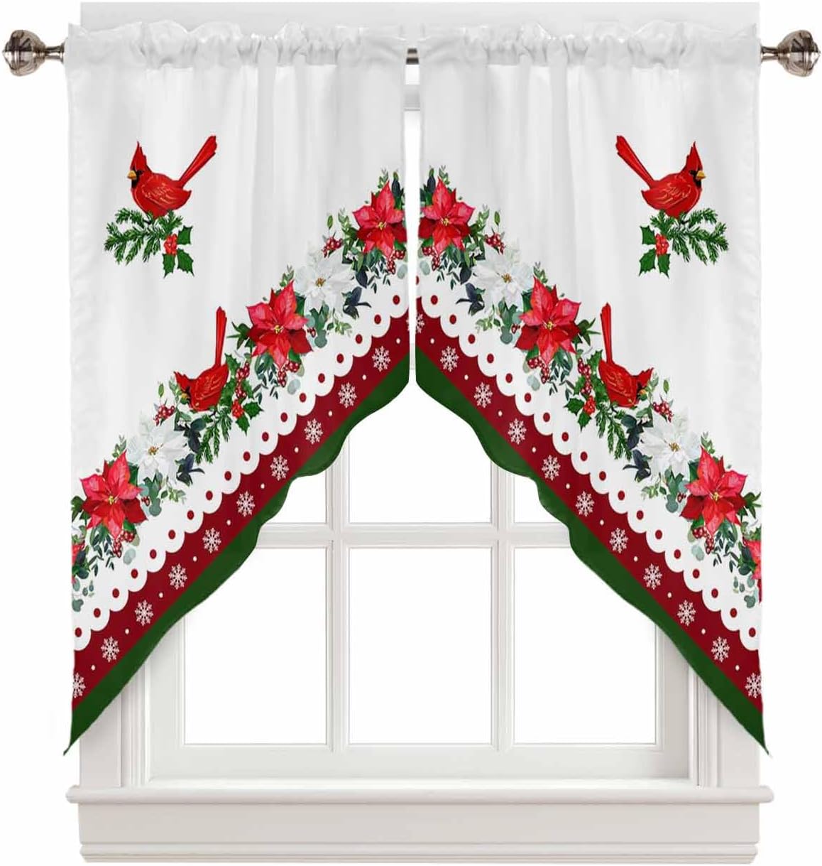 Bybiment Christmas Valances Poinsettia Kitchen Decor Curtain Red White ...