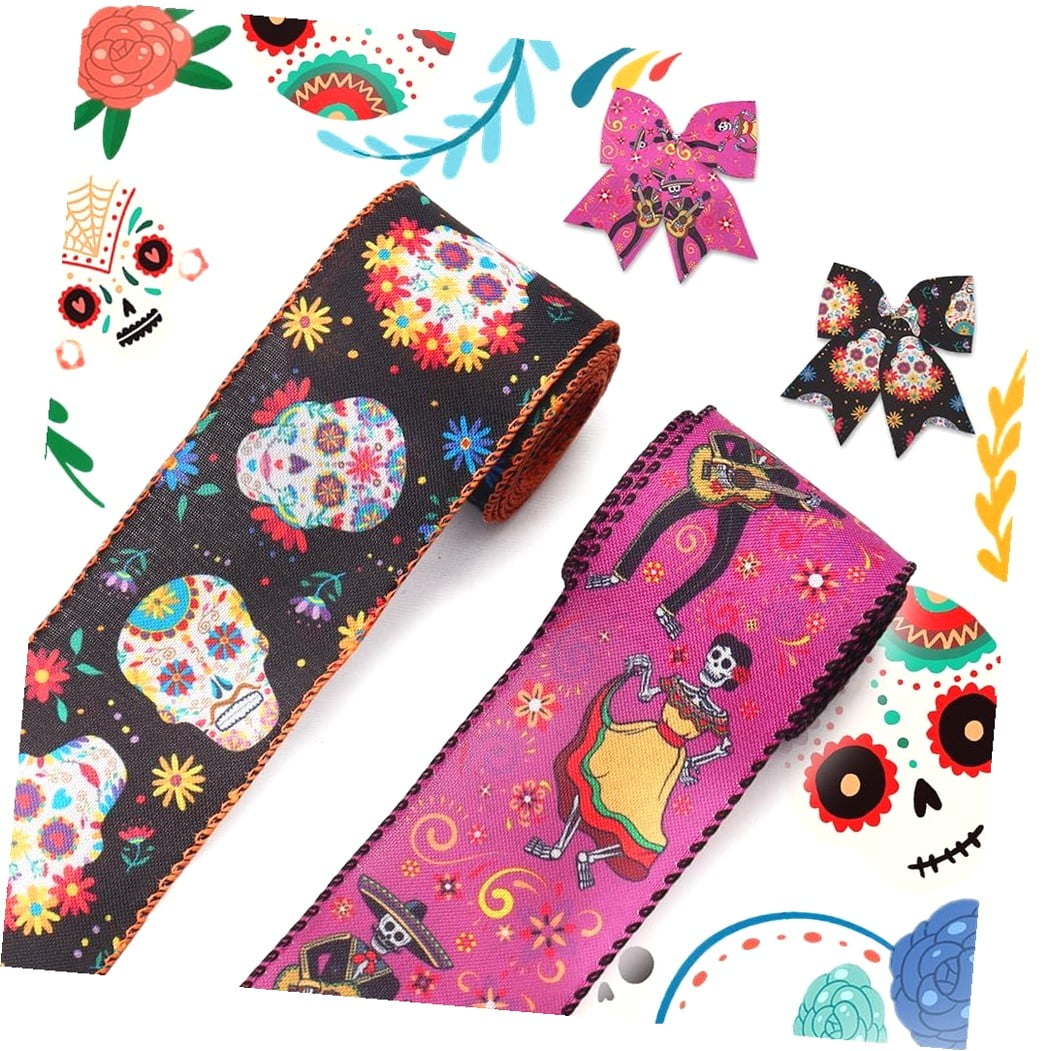 Bybiment Days of The Dead Ribbons - Wired Edge, Burlap, Skeleton Design ...