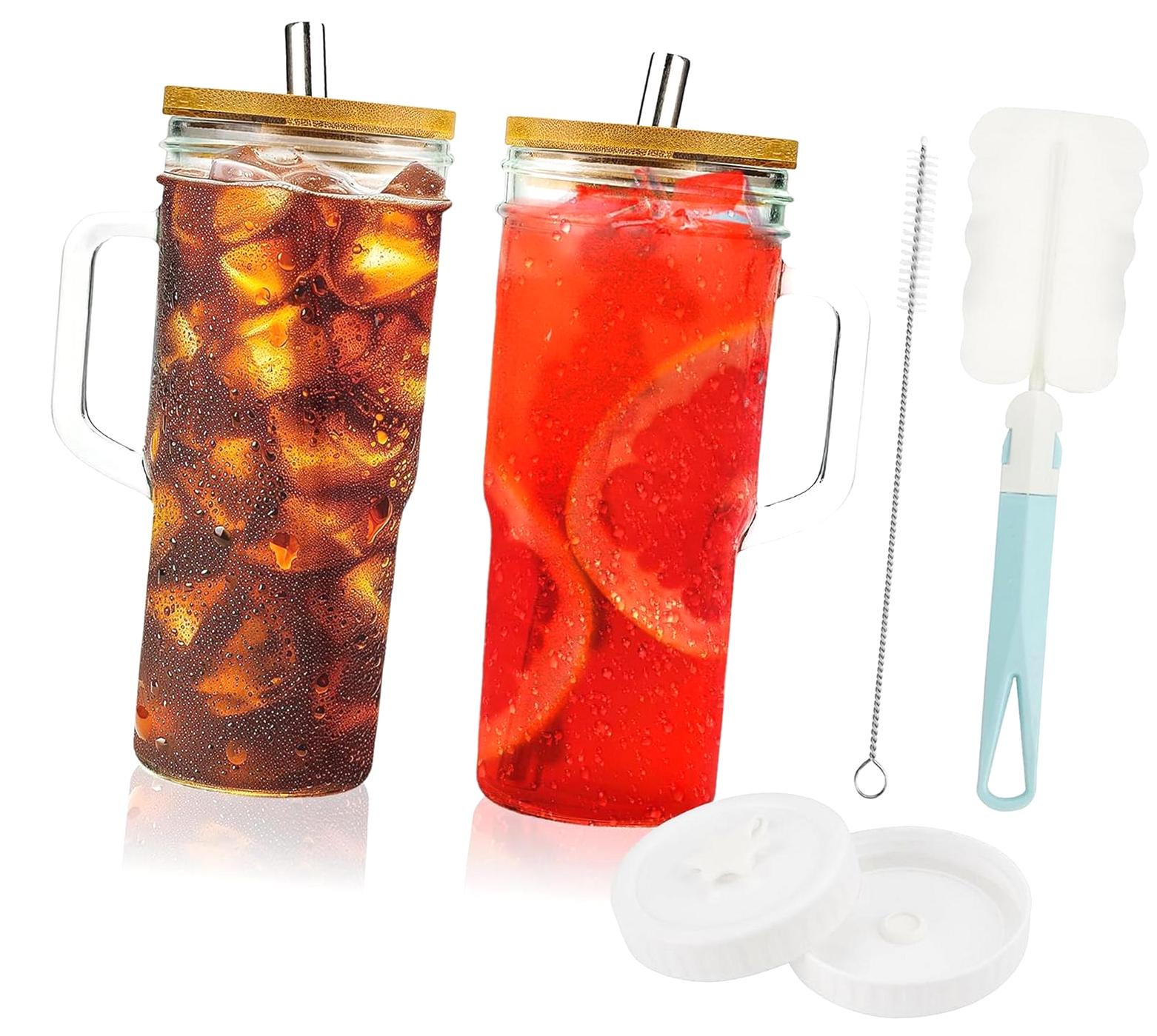 Bybiment Glass Cups with and Straws - 20 oz Tumbler With Handle - 2 ...