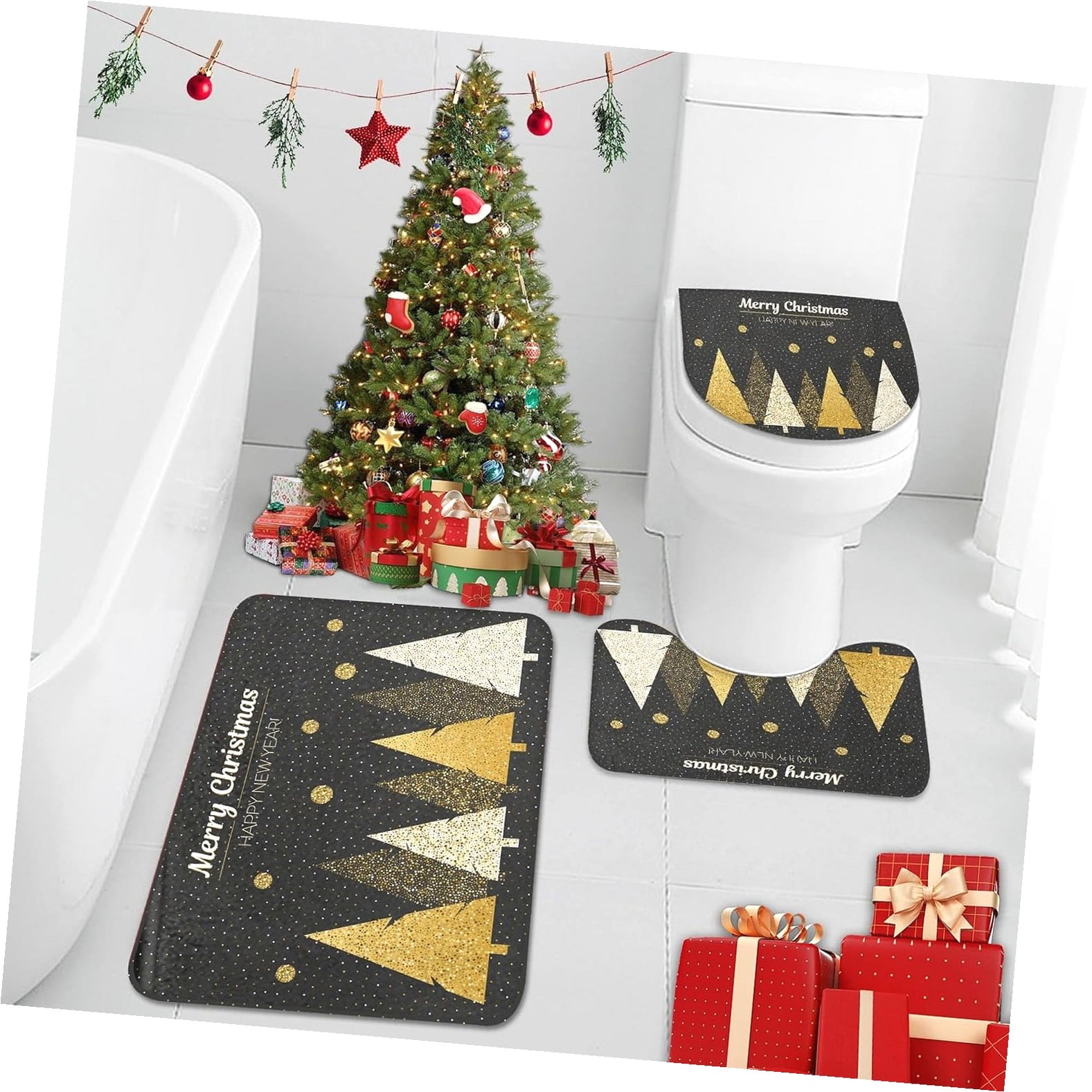Bybiment Merry Christmas Tree Bathroom Rug and Mat Set 3 Piece ...