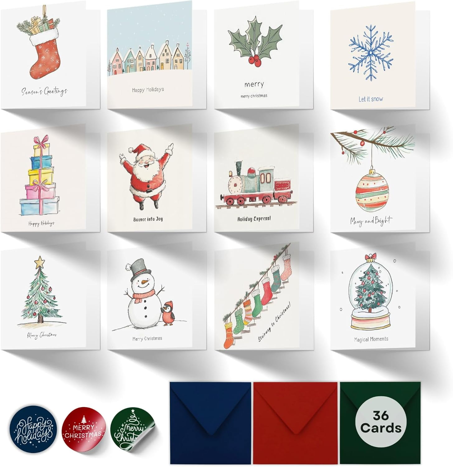 Bybiment Paper Merry Christmas with Envelopes 36 Pack (12 and humorous designs) 3x3 inches bulk ...
