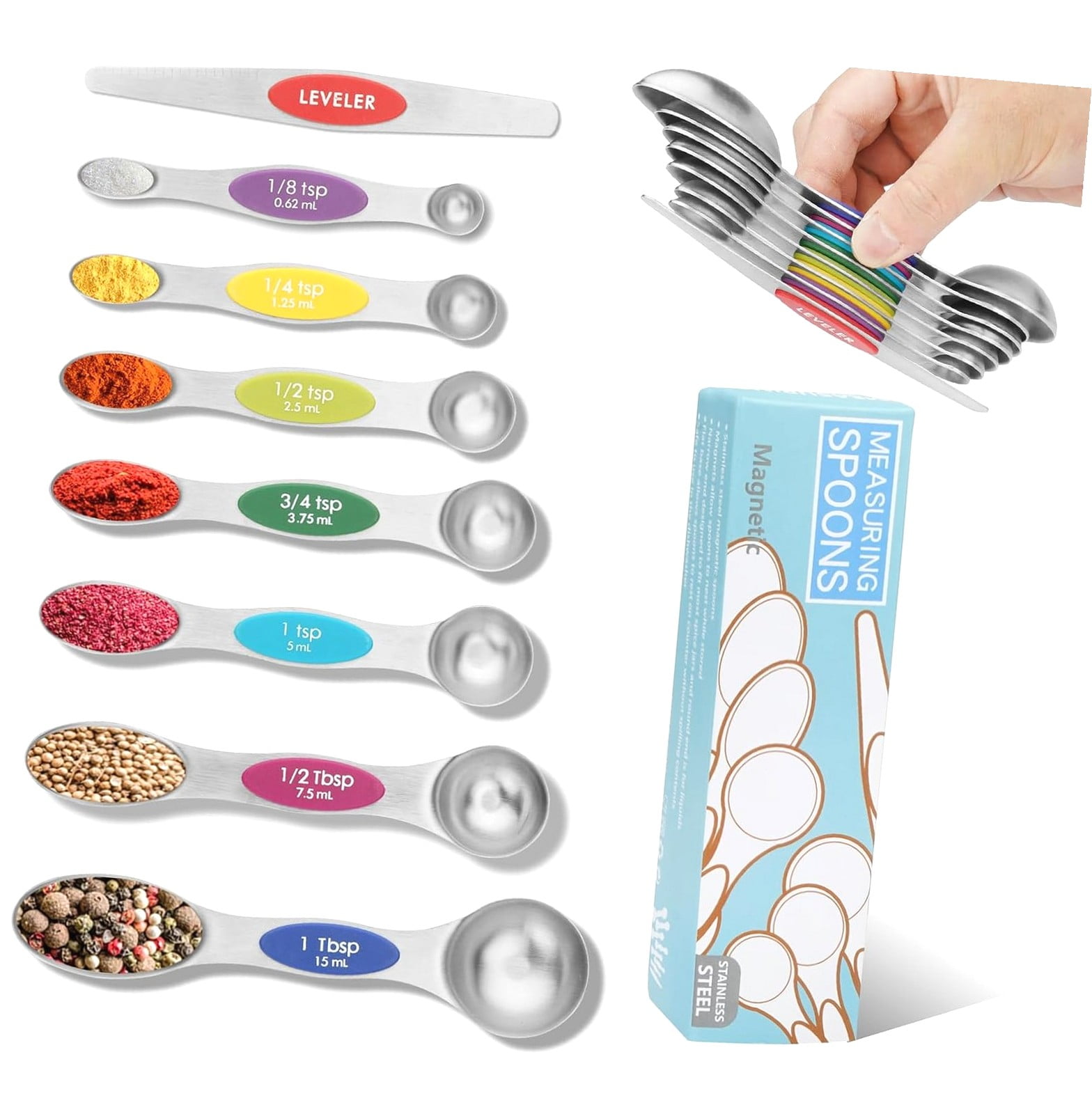 Bybiment Set of 8 Spoons with Leveler Steel Dual Sided Teaspoon and ...