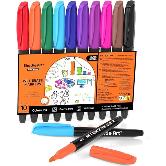 Bybiment Shuttle Wet Erase Markers, 10 Colors, 1mm Fine Tip, Smudge ...