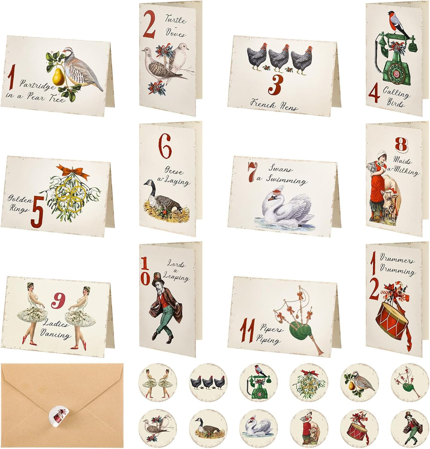 Bybiment Twelve Days of Christmas Set with Envelopes and Stickers ...