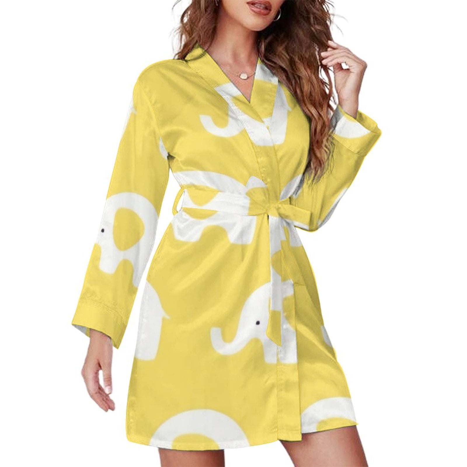 Bybiment Yellow Cute Elephants Pattern Women's Long Sleeve Belted Night ...