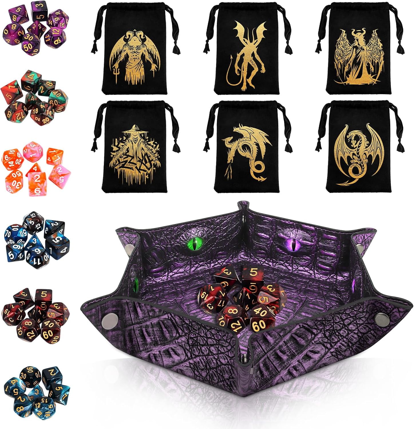 Byhoo DND Dice Set, 6 Sets Double-Colors Polyhedral Dice with 6 Drawstring Bags and Crocodile ...